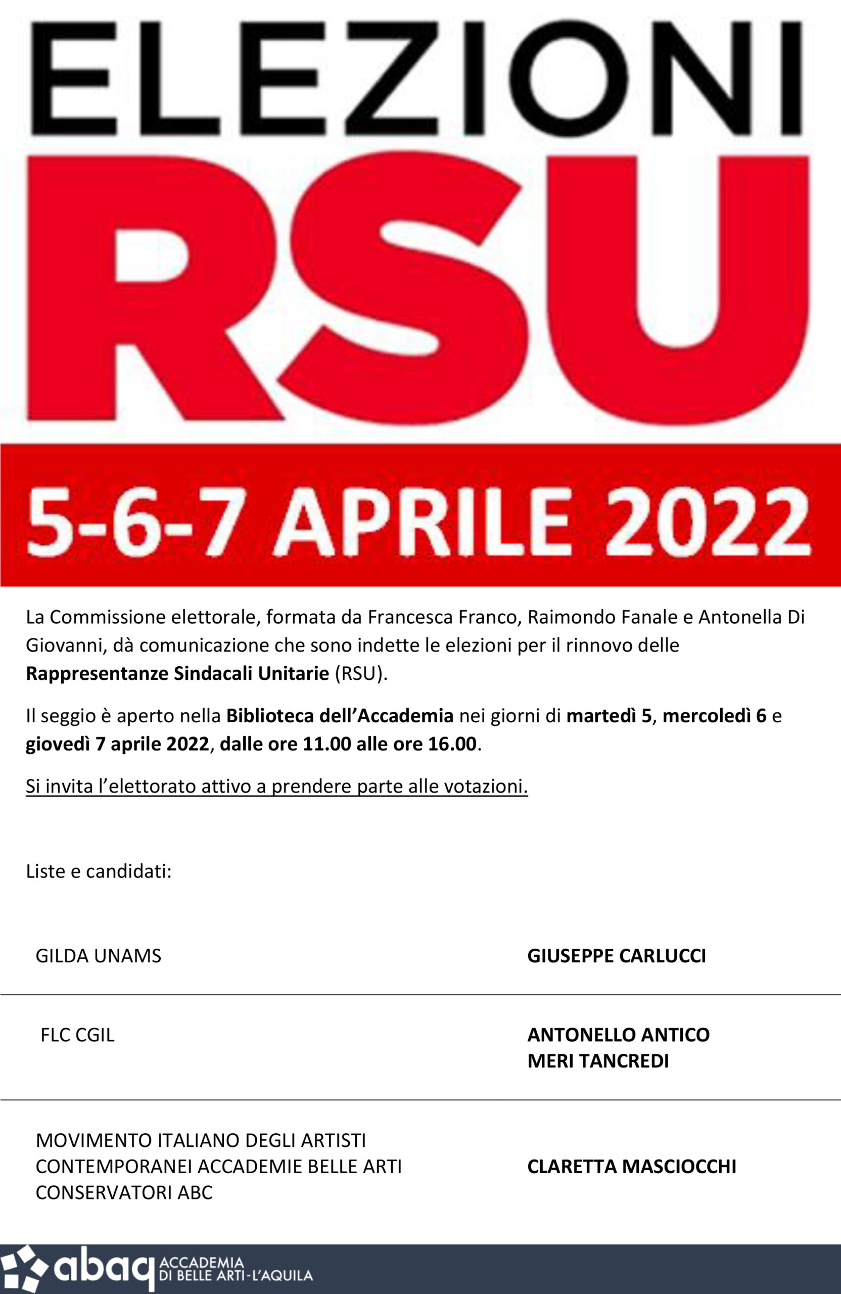 Elezioni RSU 5-6-7 Aprile 2022 – Accademia di Belle Arti L’Aquila
